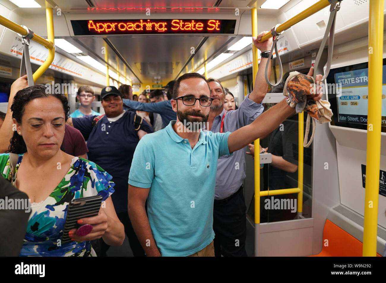 Boston, USA. 14th Aug, 2019. Passengers are seen in a new subway car in ...