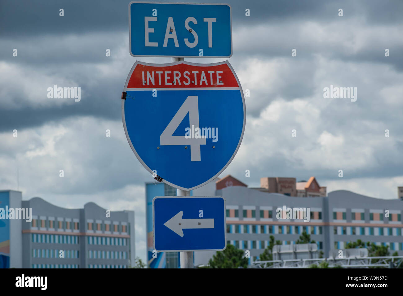 Orlando, Florida. August 07, 2019. Top view East Interstate 4 sign at ...