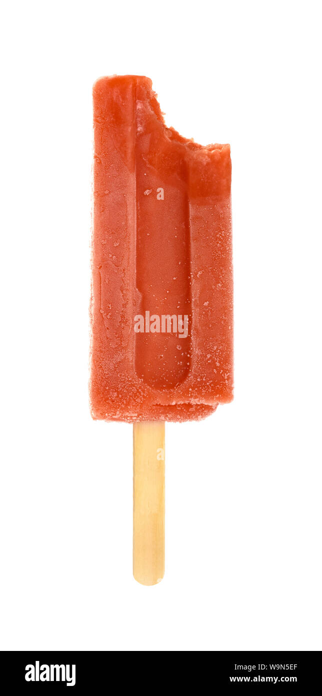 red color popsicle with a bite on a white background Stock Photo - Alamy