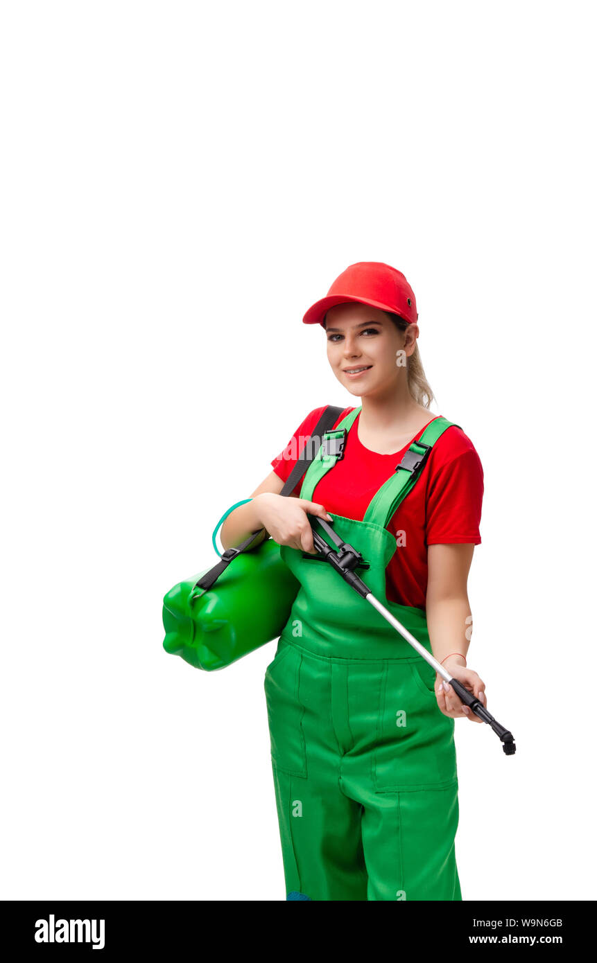 The female pest control contractor isolated on white Stock Photo - Alamy