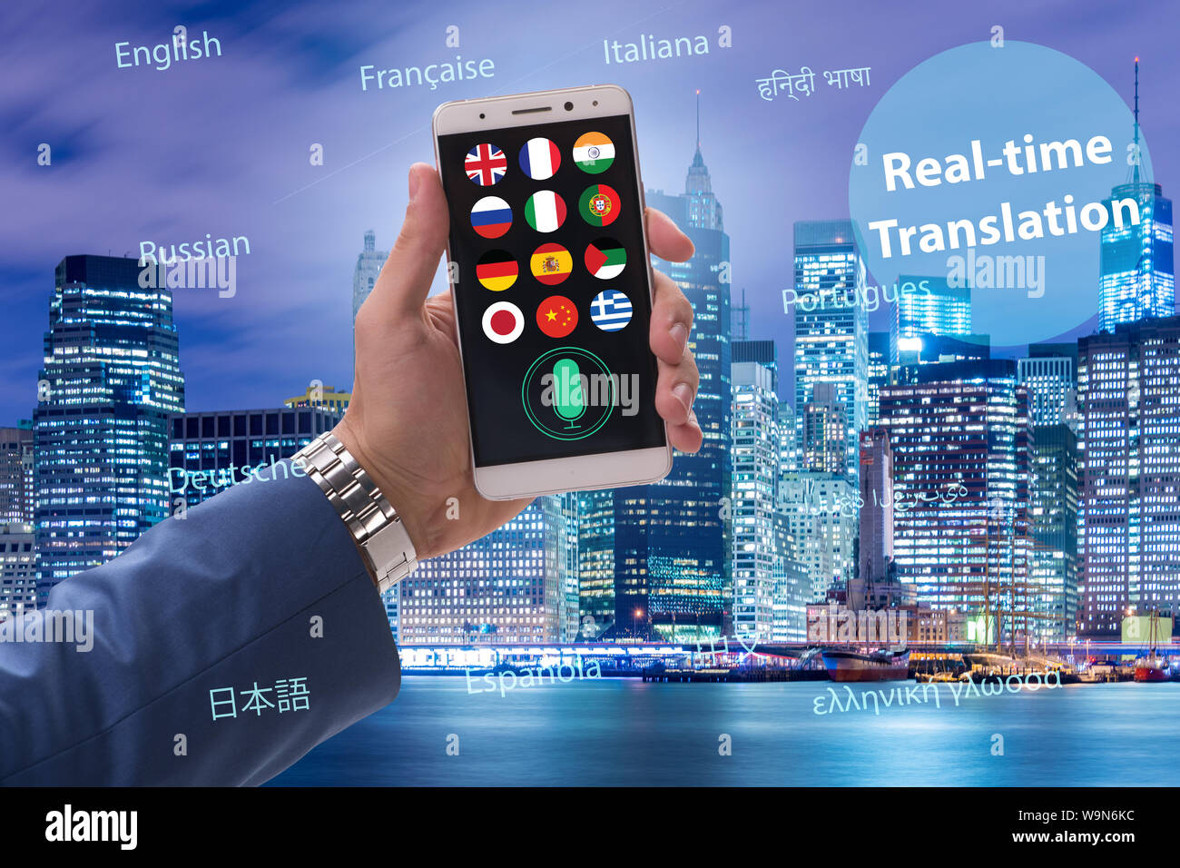 The concept of real time translation with smartphone app Stock Photo ...