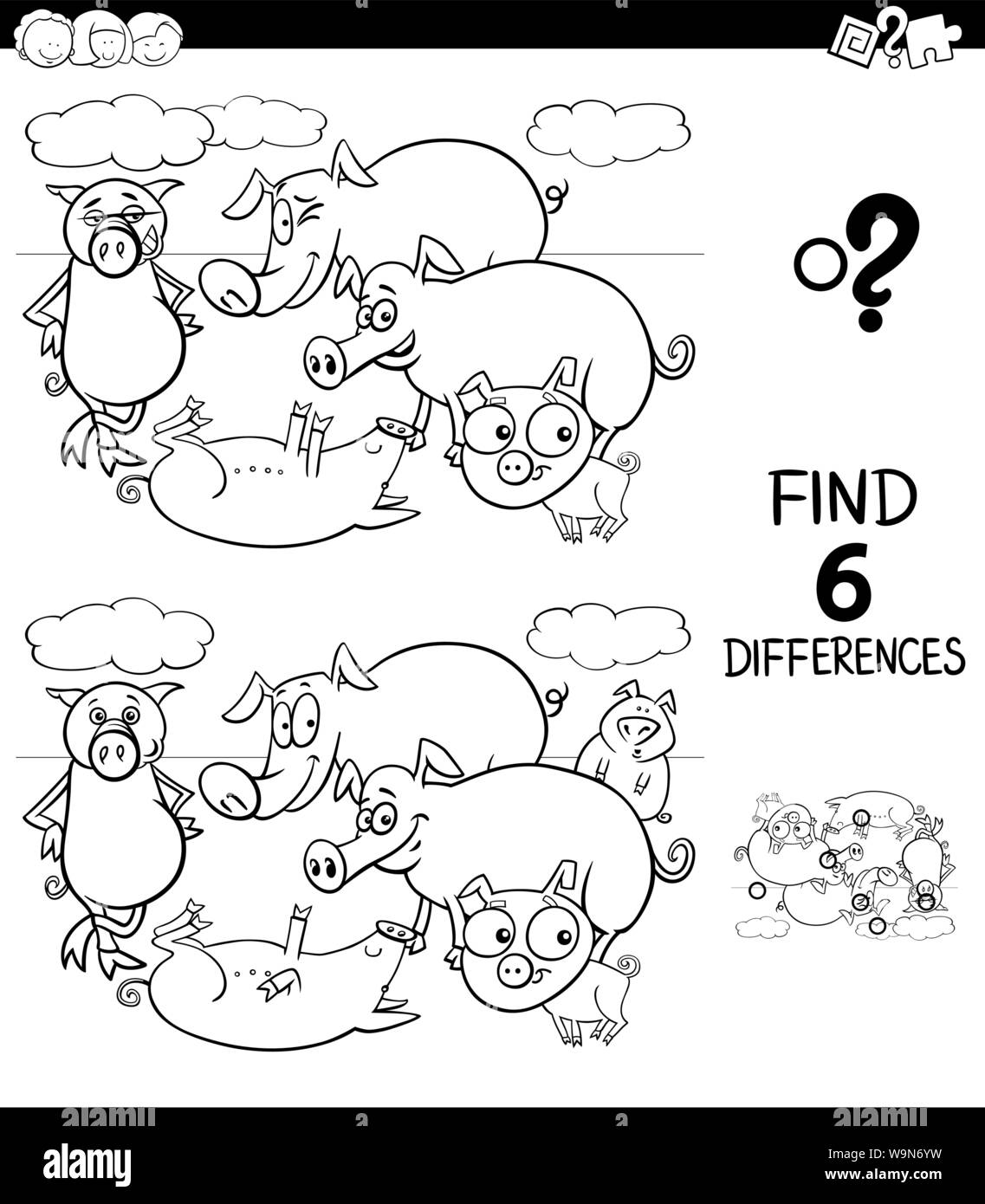 Black and White Cartoon Illustration of Finding Six Differences Between ...