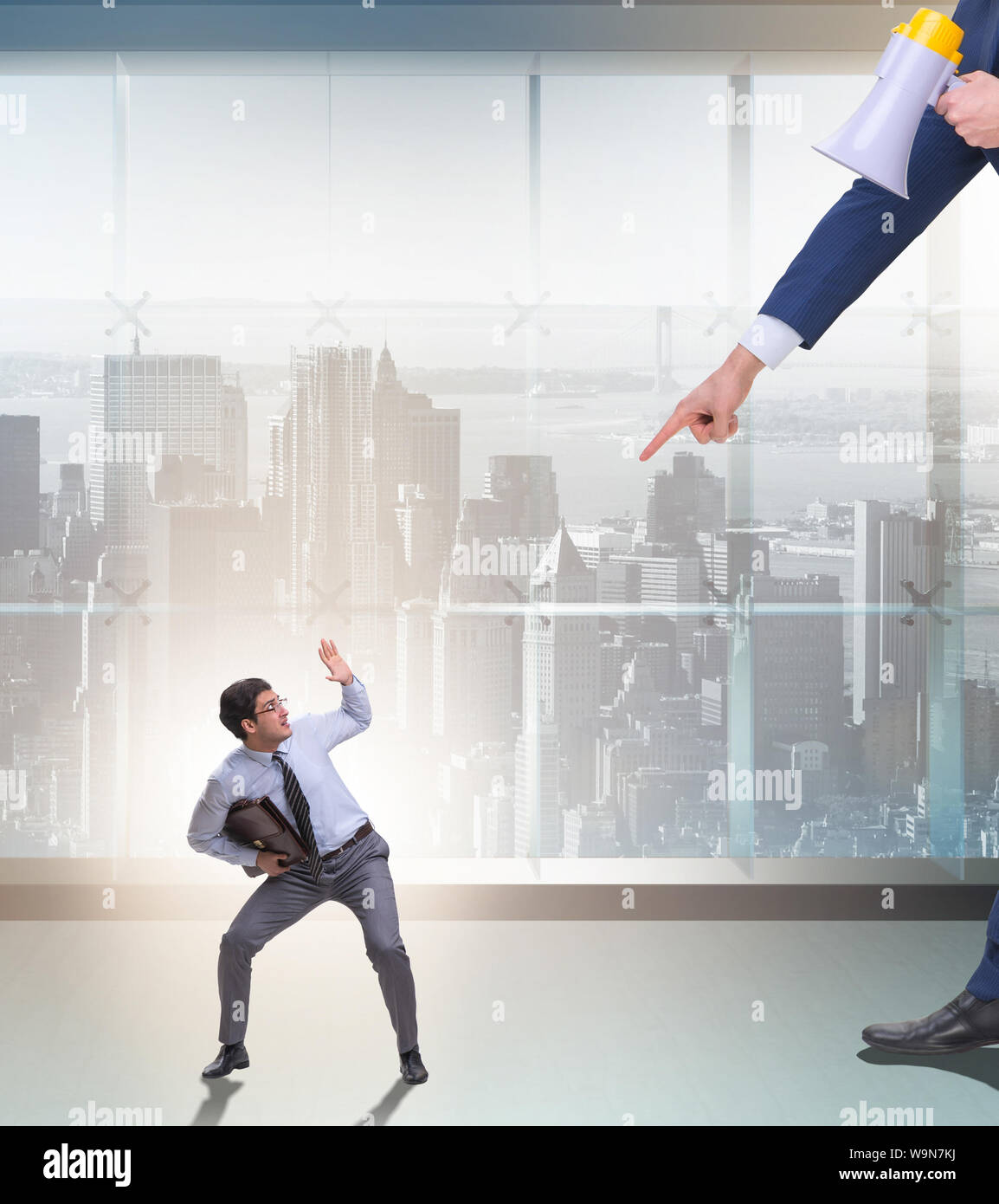 The bad angry boss shouting at employee with loudspeaker Stock Photo ...