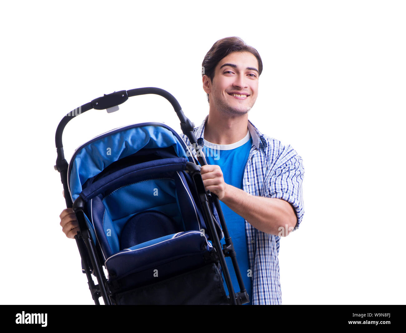 The young dad with baby pram isolated on white Stock Photo - Alamy