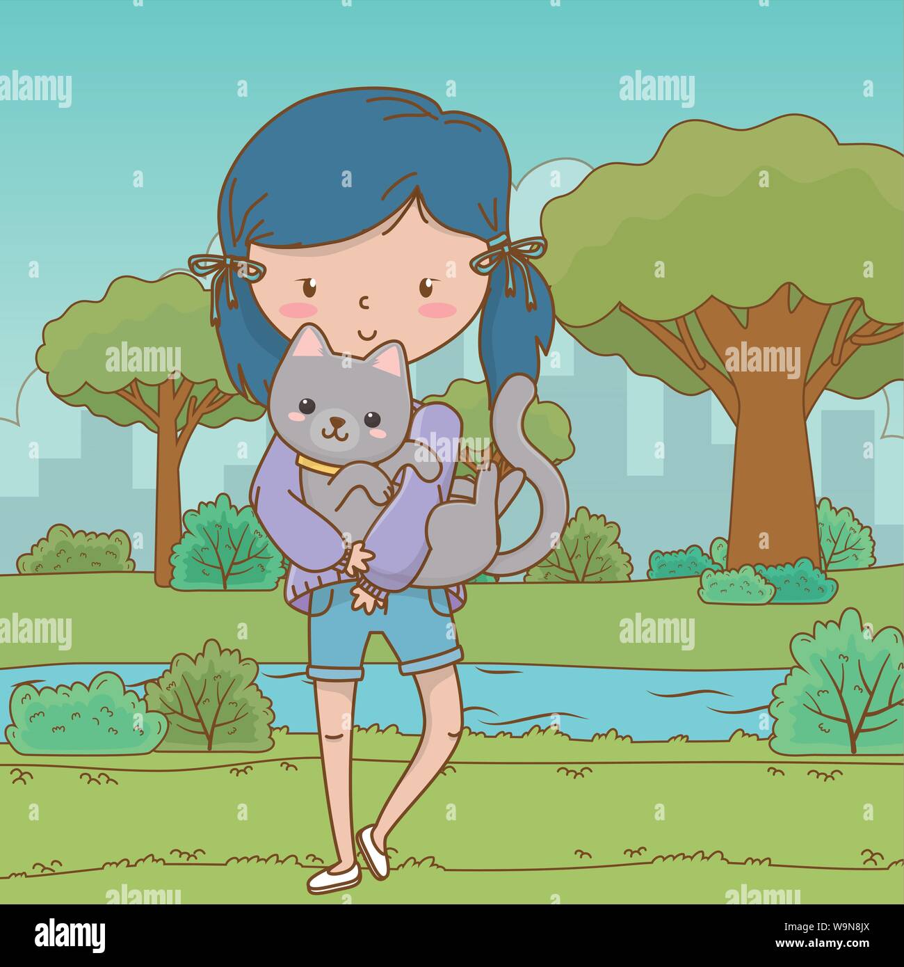 Girl with cat cartoon design, Mascot pet animal domestic cute life ...