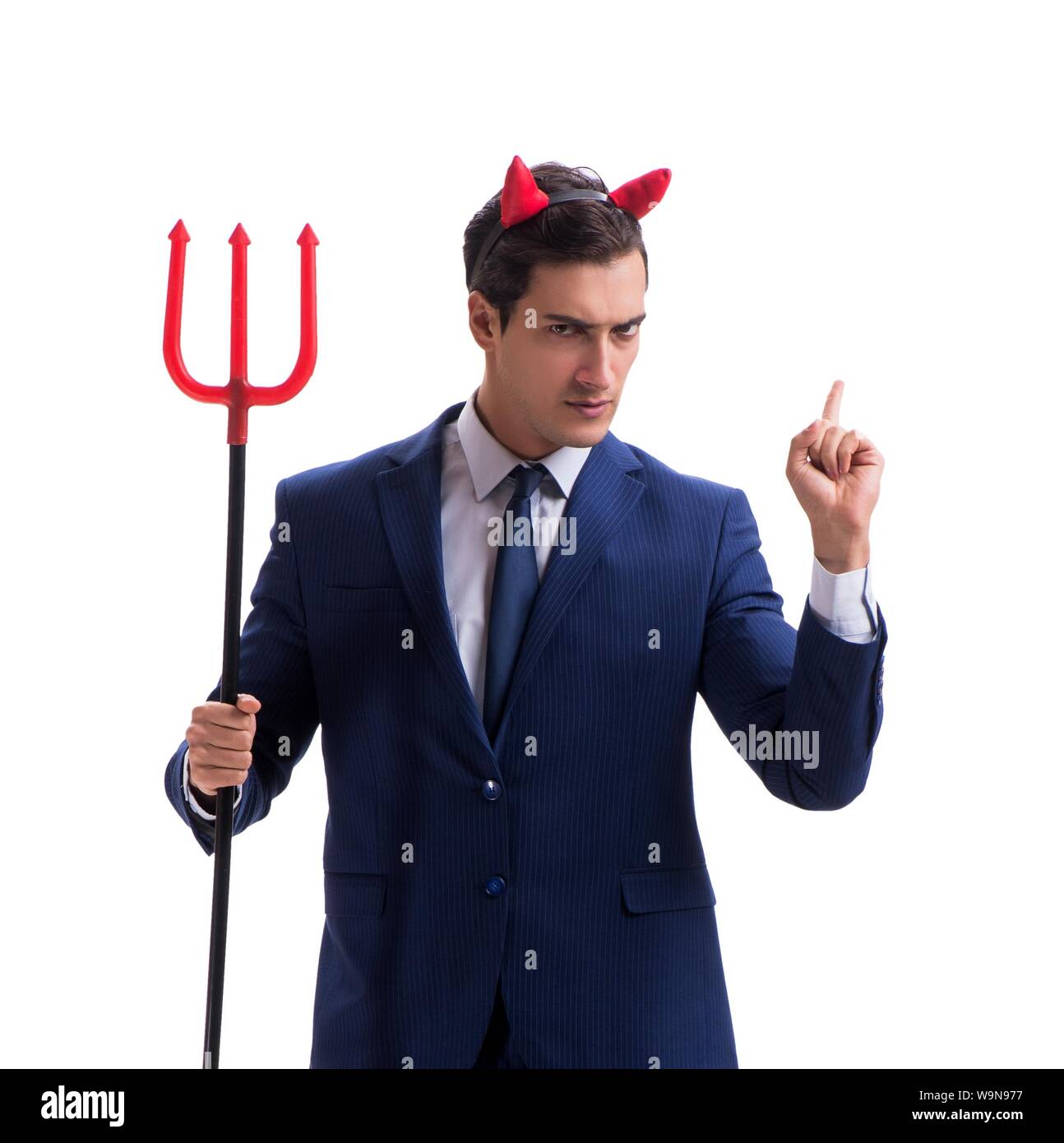 Evil devil businessman with pitchfork isolated on white background ...