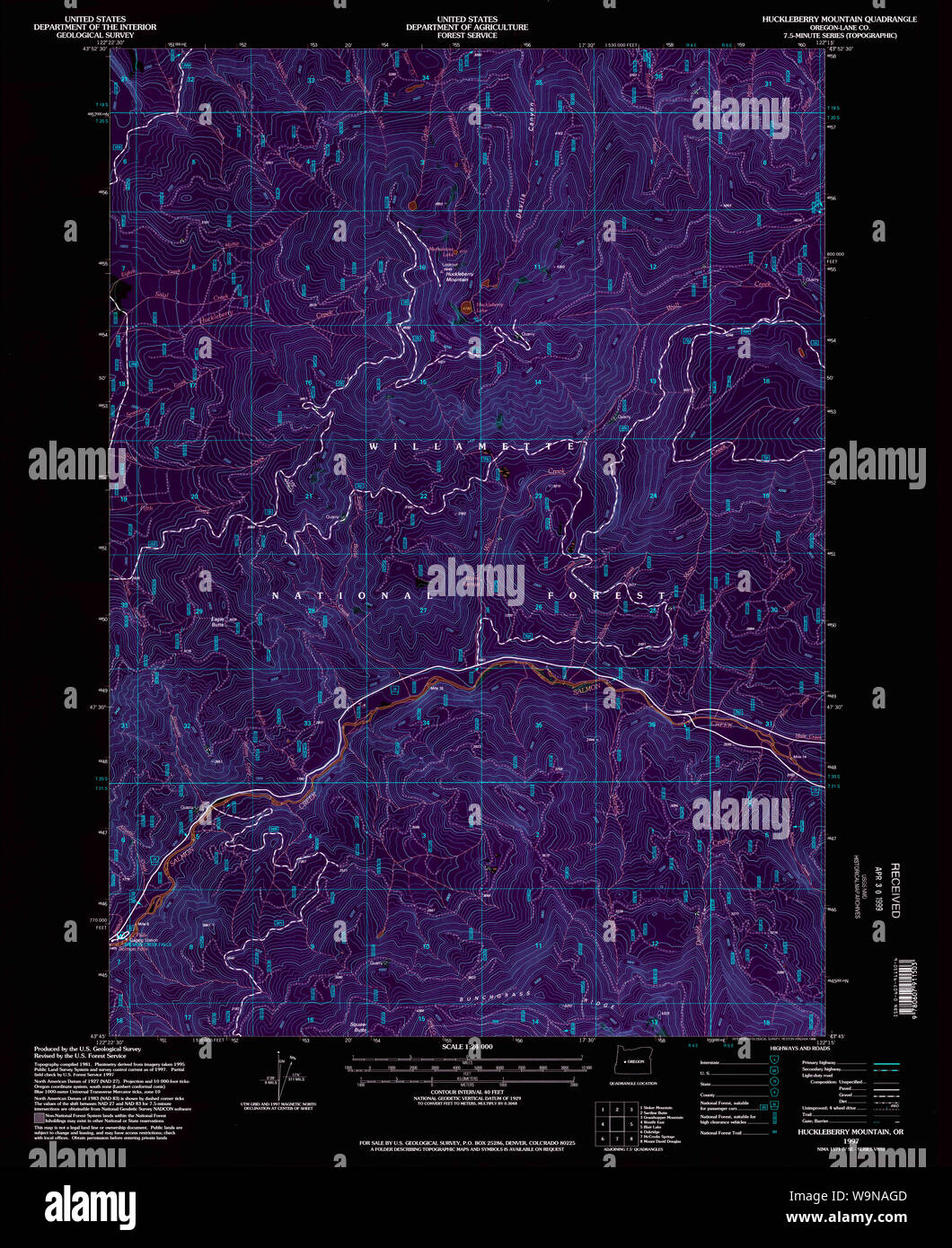 USGS Topo Map Oregon Huckleberry Mountain 280259 1997 24000 Inverted ...