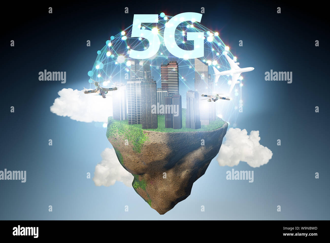 The concept of 5g technology with floating island Stock Photo - Alamy