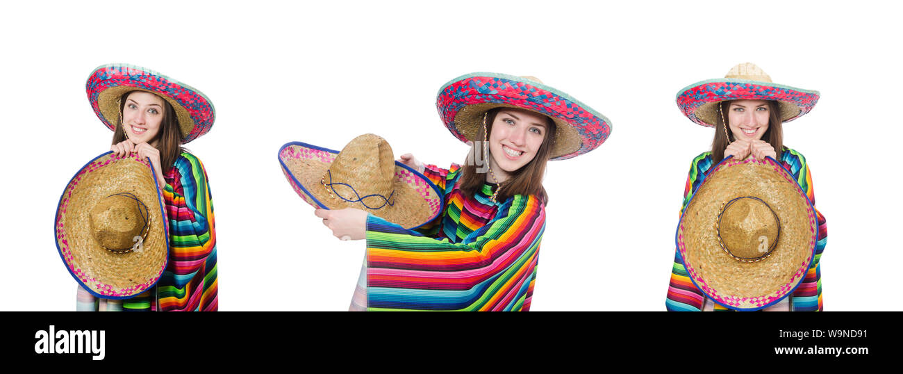 The pretty mexican girl in vivid poncho isolated on white Stock Photo ...