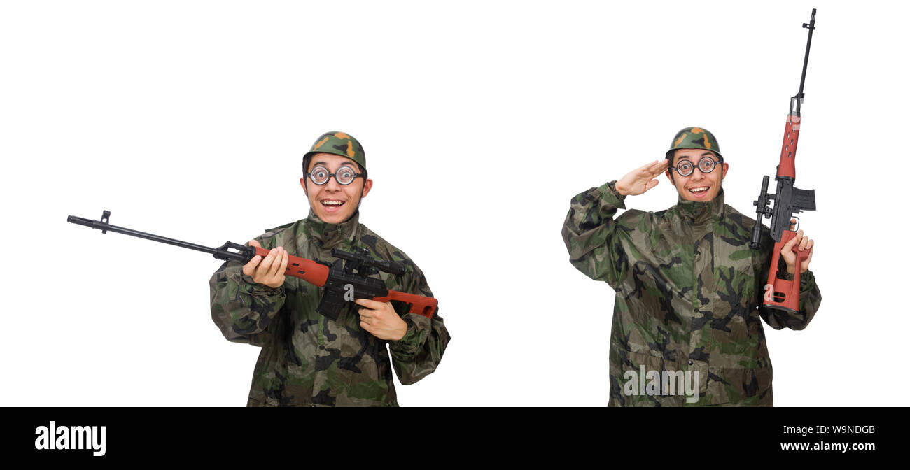 The military man with a gun isolated on white Stock Photo - Alamy