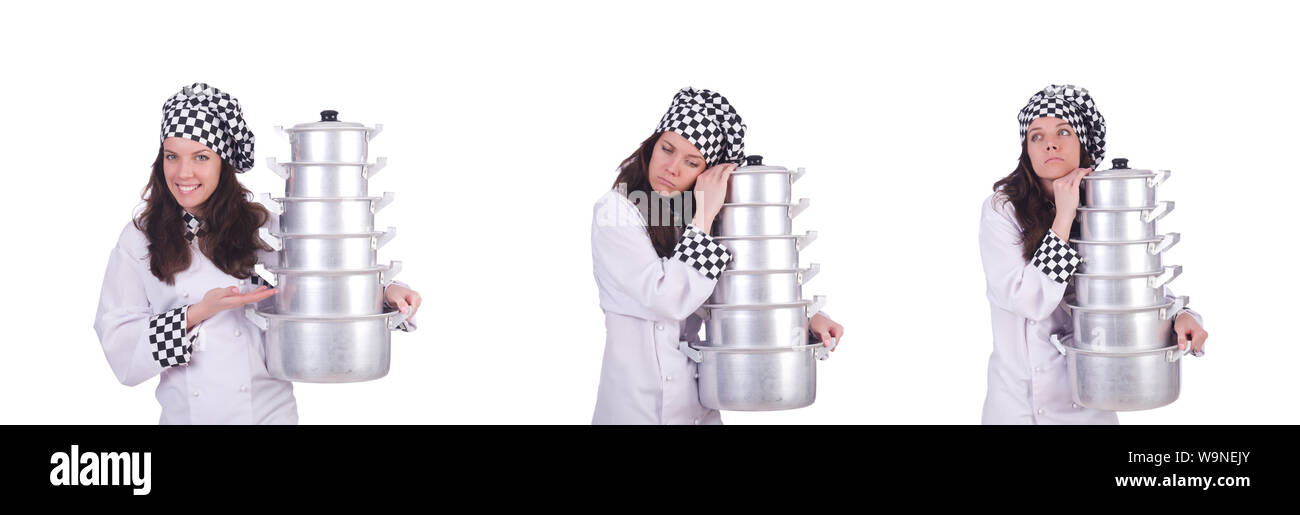 The cook with stack of pots on white Stock Photo - Alamy