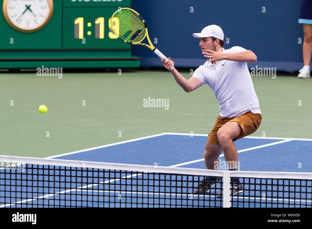 Mason, Ohio, USA. 14th Aug, 2019. Miomir Kecmanovic (SRB) hits a ...