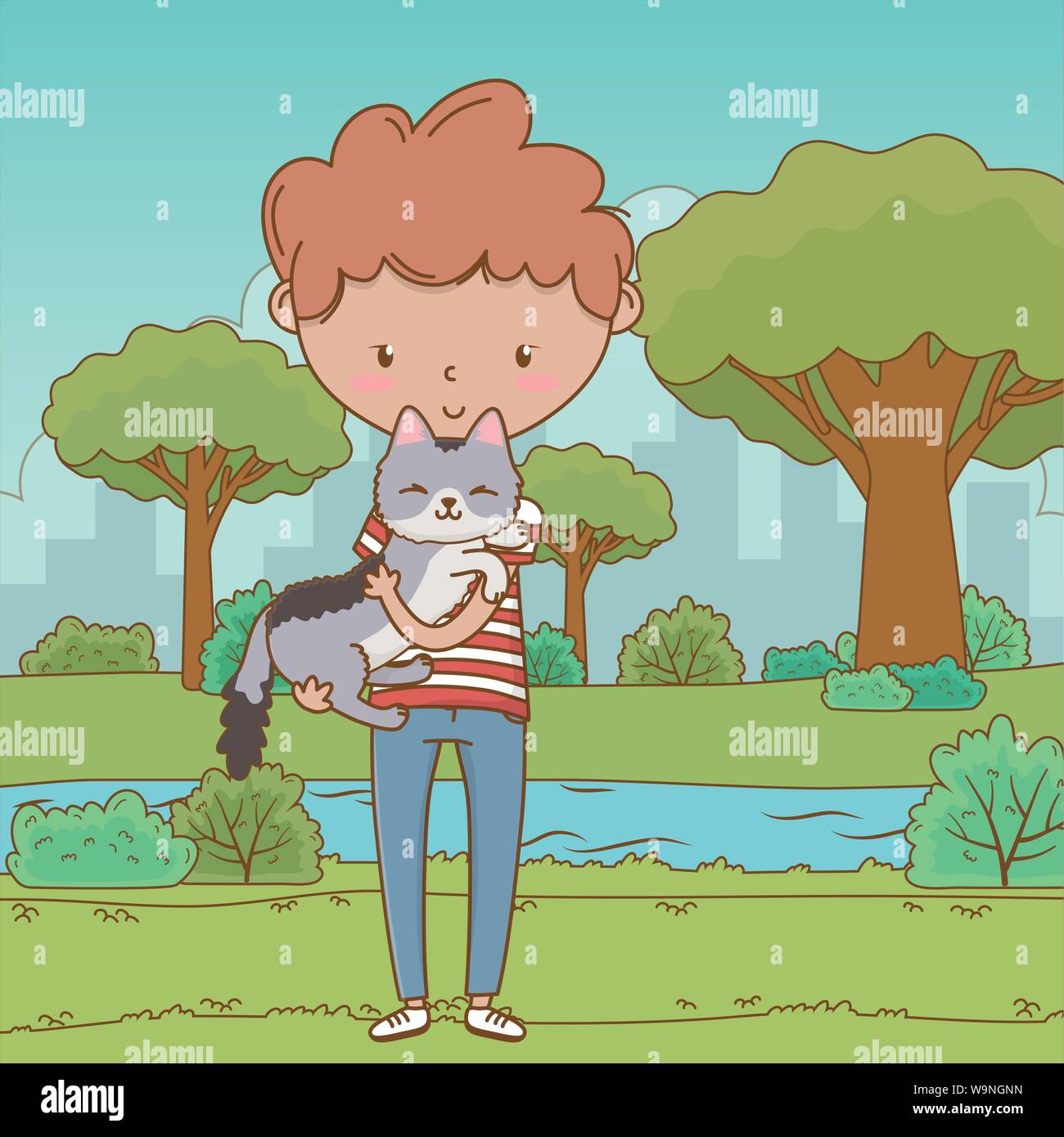 Boy with cat cartoon design, Mascot pet animal domestic cute life ...