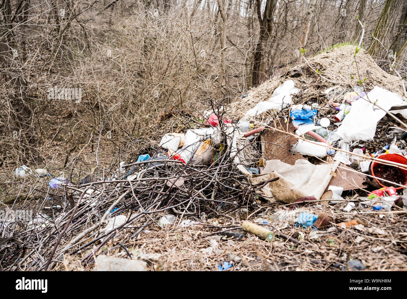 Nature pollution , people throws the garbage in the forest , Dumping ...