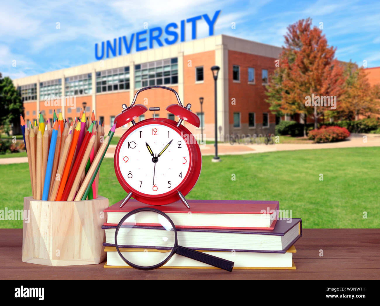 University campus with books for education concept Stock Photo - Alamy