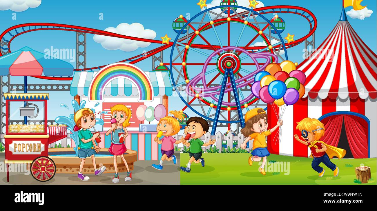 An outdoor funfair scene with kids playing illustration Stock Vector ...