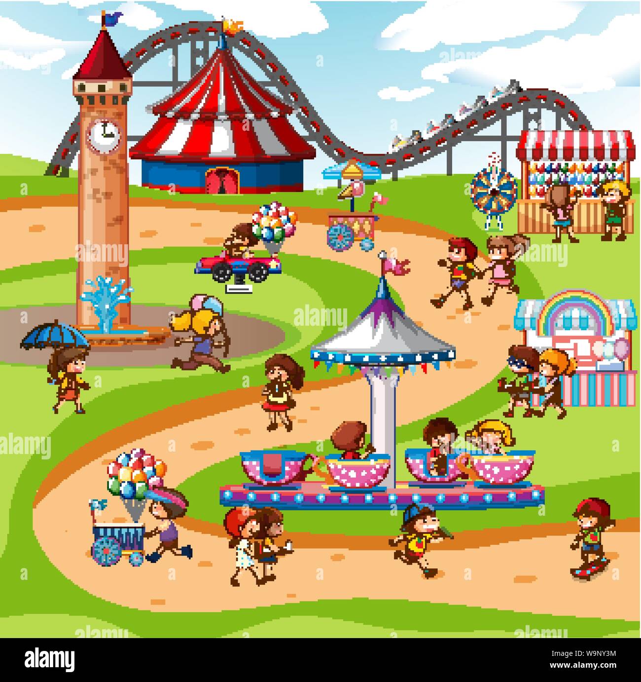 An outdoor funfair scene with rides and kids illustration Stock Vector ...