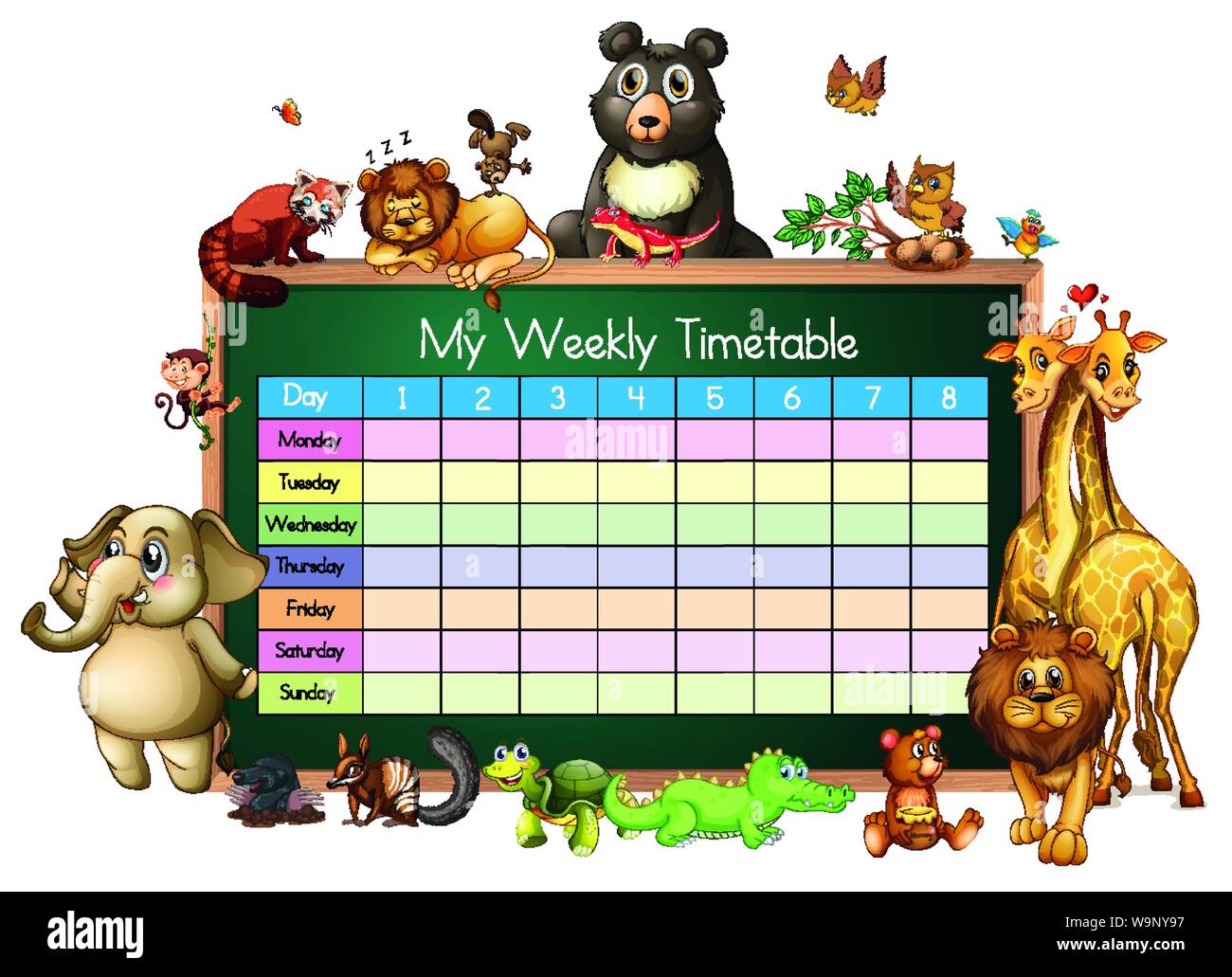 Timetable template with many animals on white background illustration ...