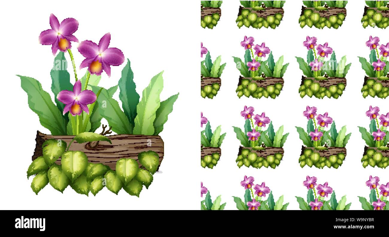 Seamless background design with orchid flowers on log illustration ...
