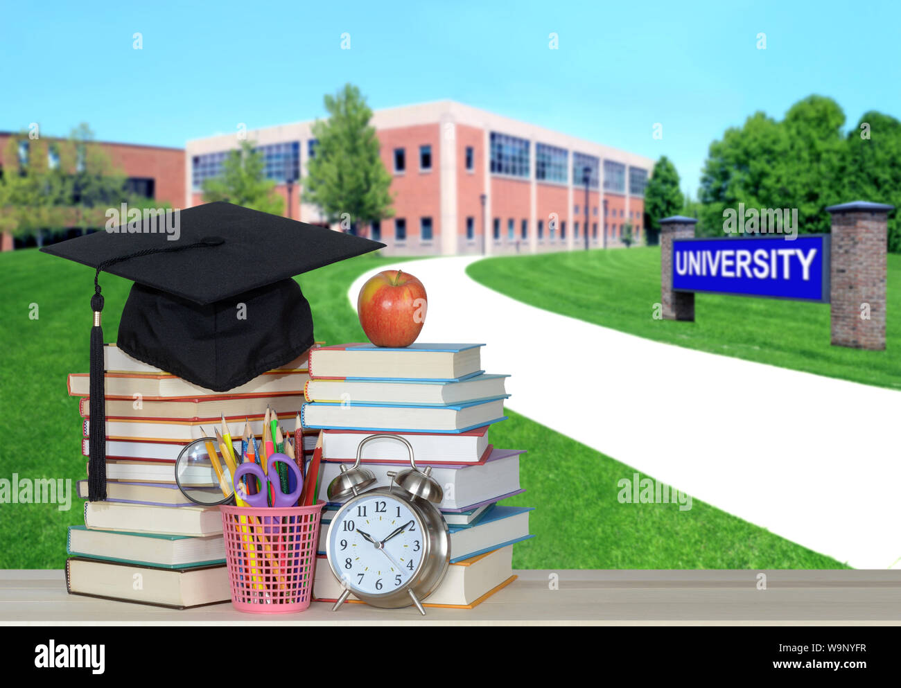 path to campus of higher education concept with book and university ...
