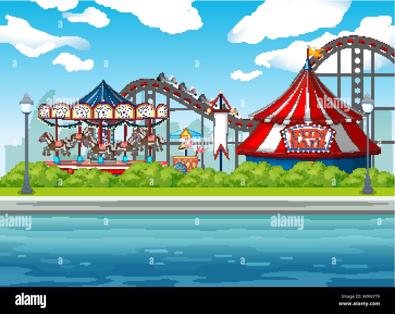 Scene background design with circus rides at daytime illustration Stock ...