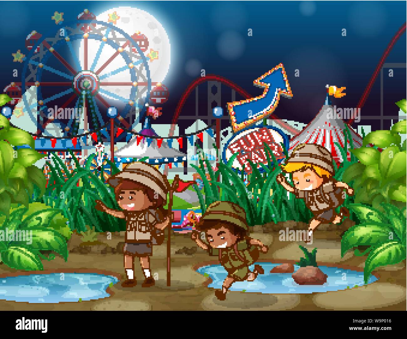 Scene background design with children at funfair at night illustration ...