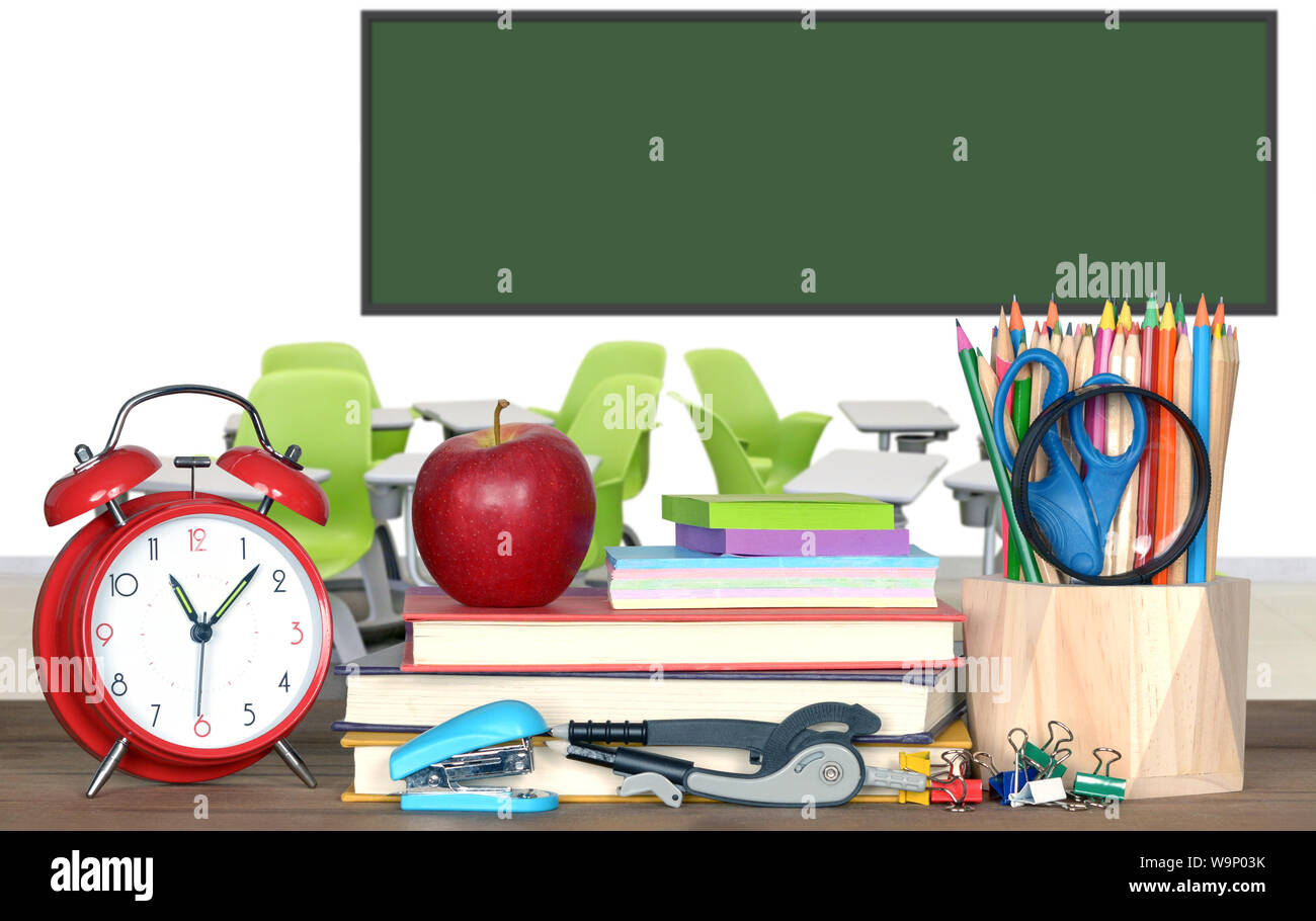 books and empty classroom in school for back to school concept and open ...