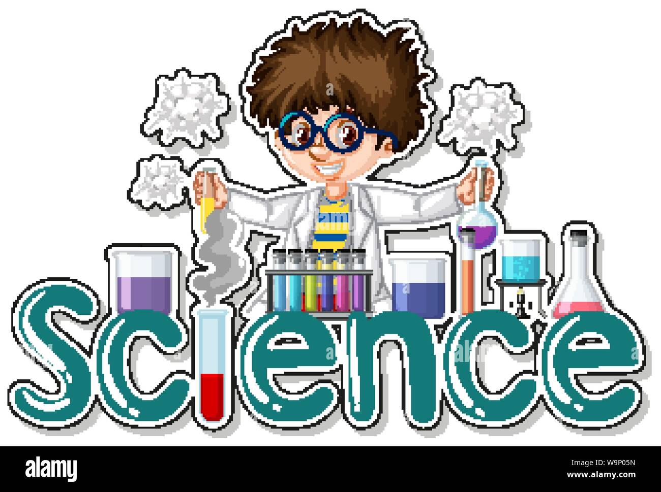 Sticker design with scientist doing experiment illustration Stock ...
