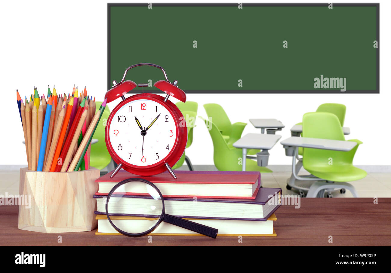 books and empty classroom in school for back to school concept and open ...