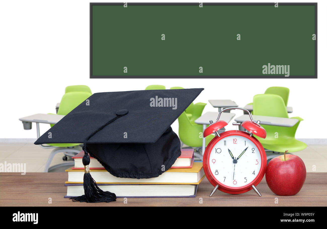 books and empty classroom in school for back to school concept and open ...