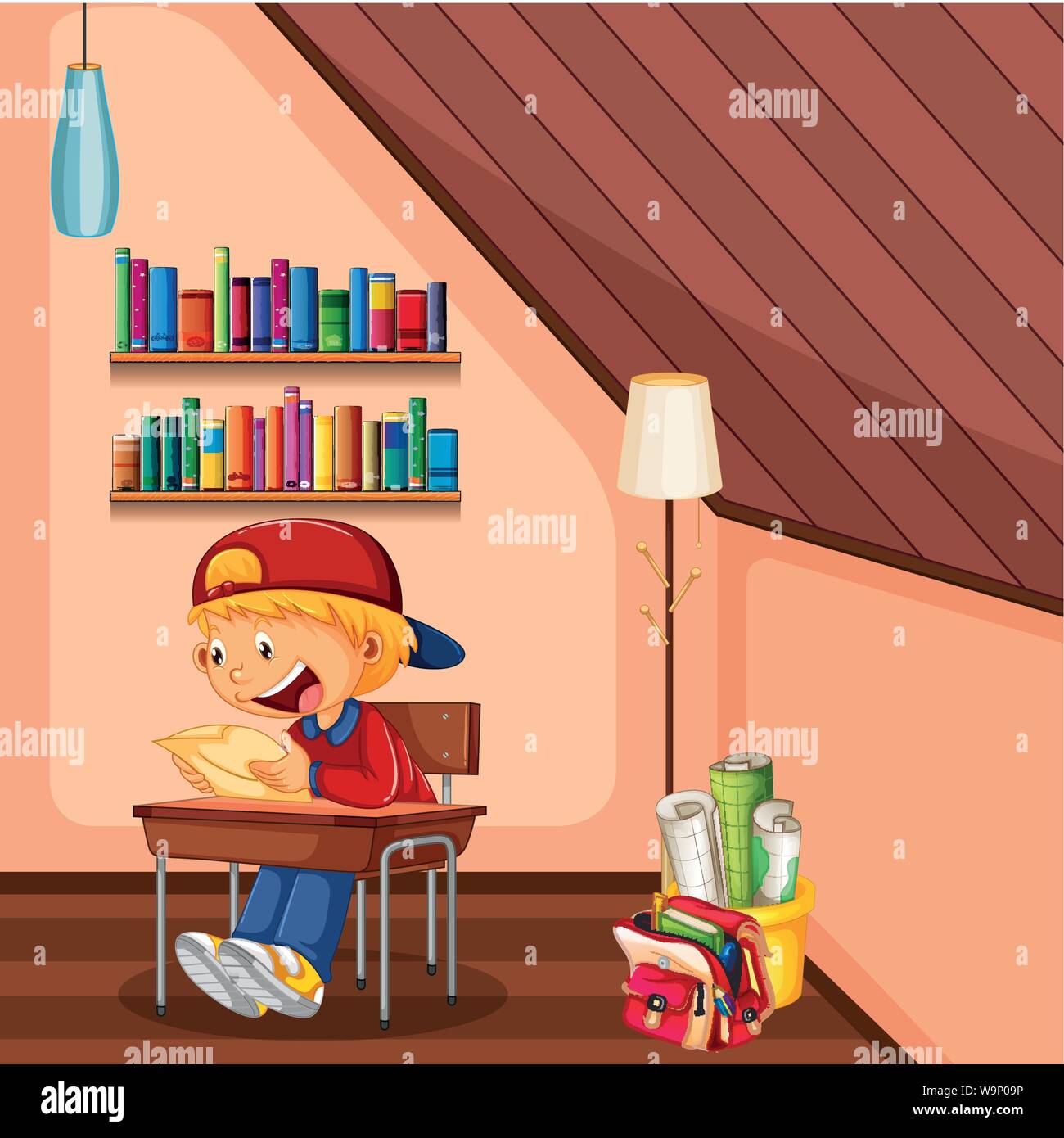 Kid doing homework in room with bag and books illustration Stock Vector ...