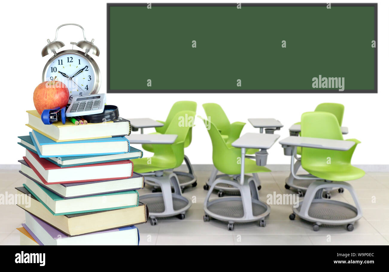 books and empty classroom in school for back to school concept and open ...