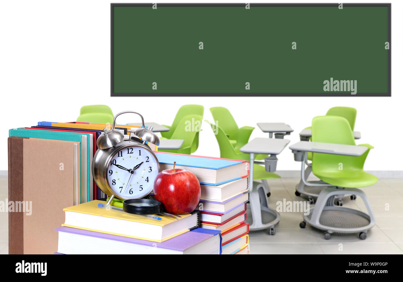 books and empty classroom in school for back to school concept and open ...