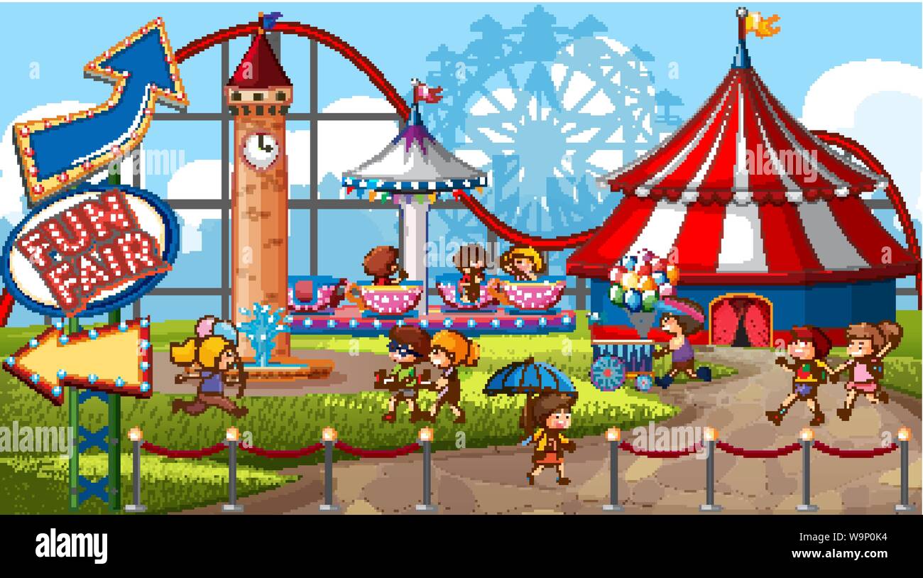 An outdoor funfair scene with many children illustration Stock Vector ...