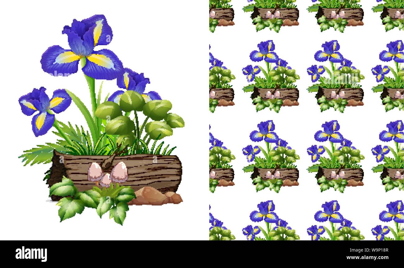 Seamless background design with iris flowers and log illustration Stock ...
