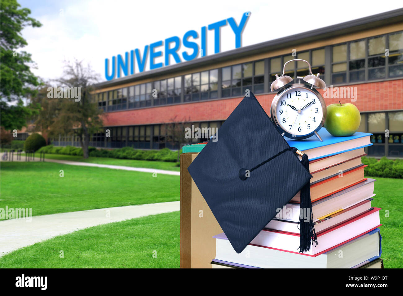 An education concept with university campus and book Stock Photo - Alamy