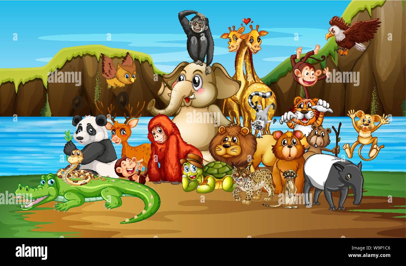 Many animals by the river illustration Stock Vector Image & Art - Alamy