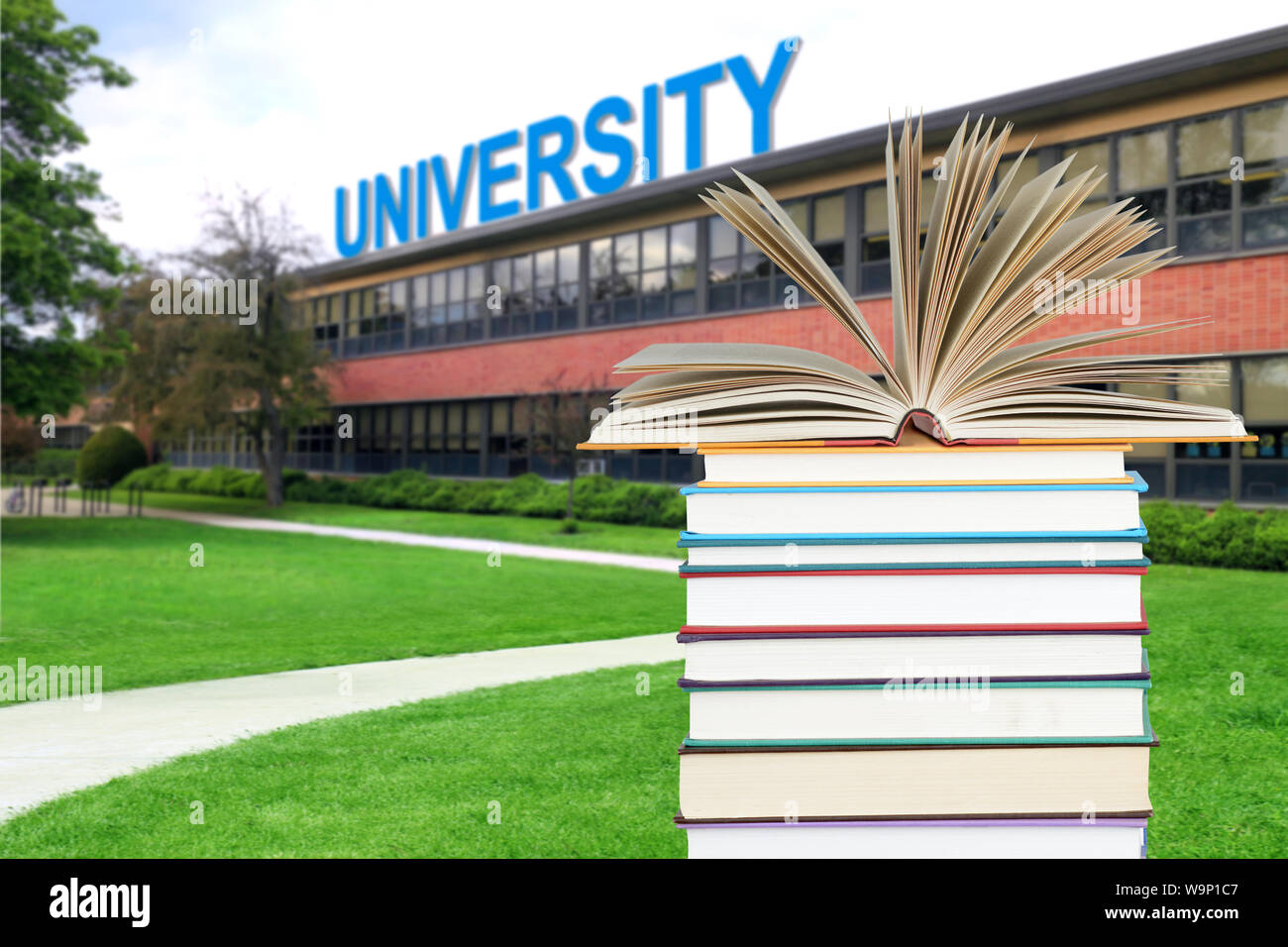 An education concept with university campus and book Stock Photo - Alamy