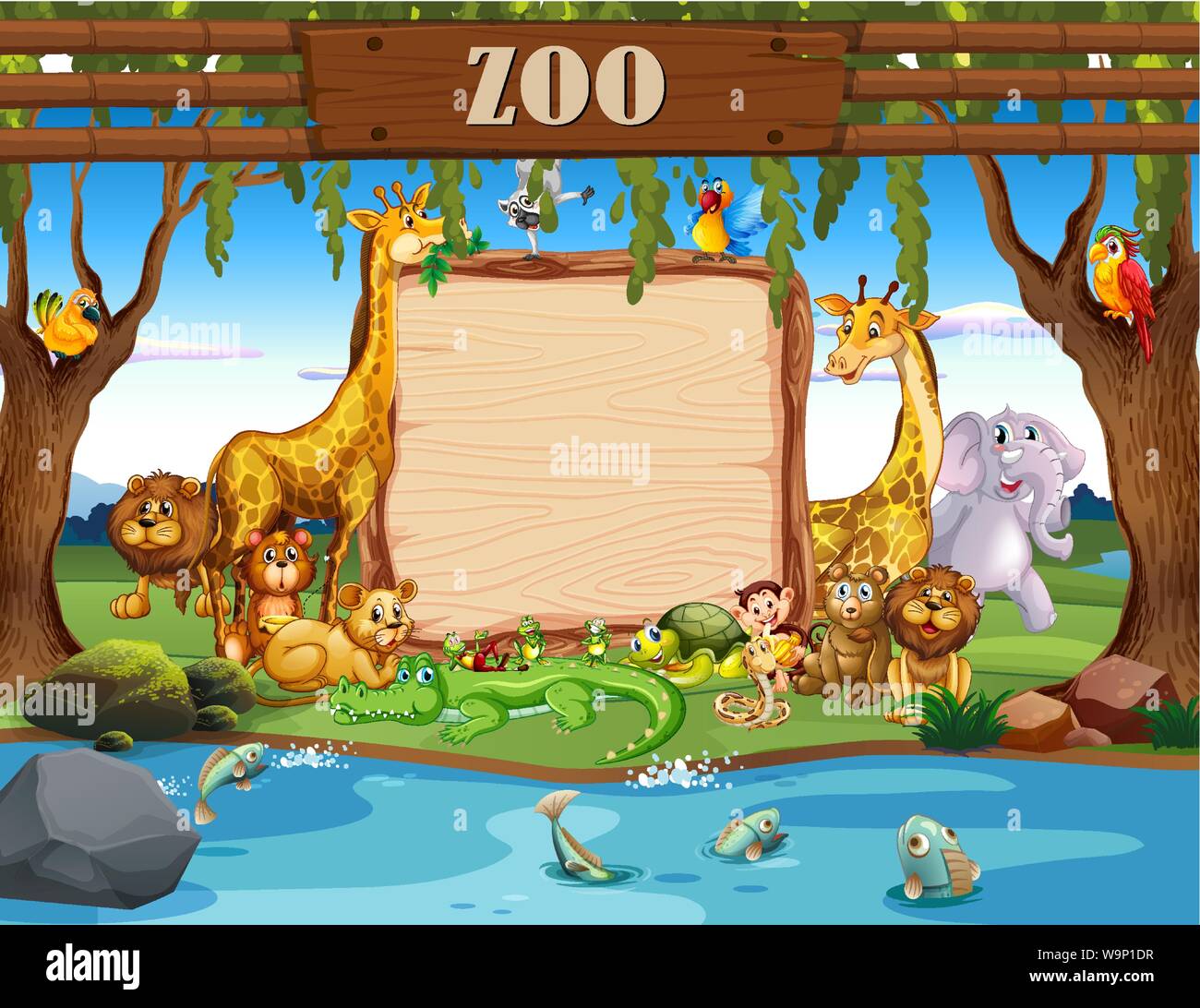Border template with cute animals at the zoo illustration Stock Vector ...