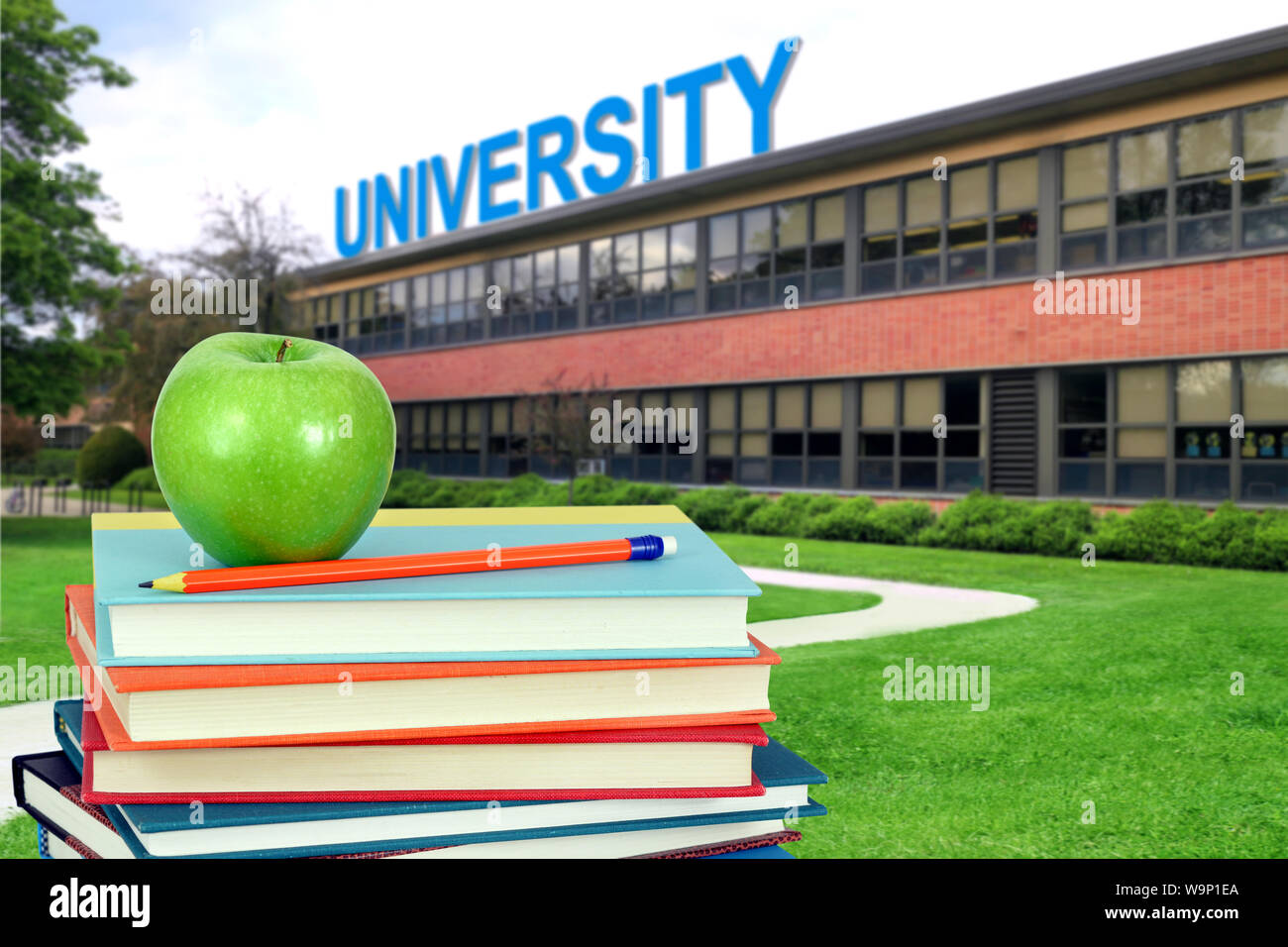 An education concept with university campus and book Stock Photo - Alamy