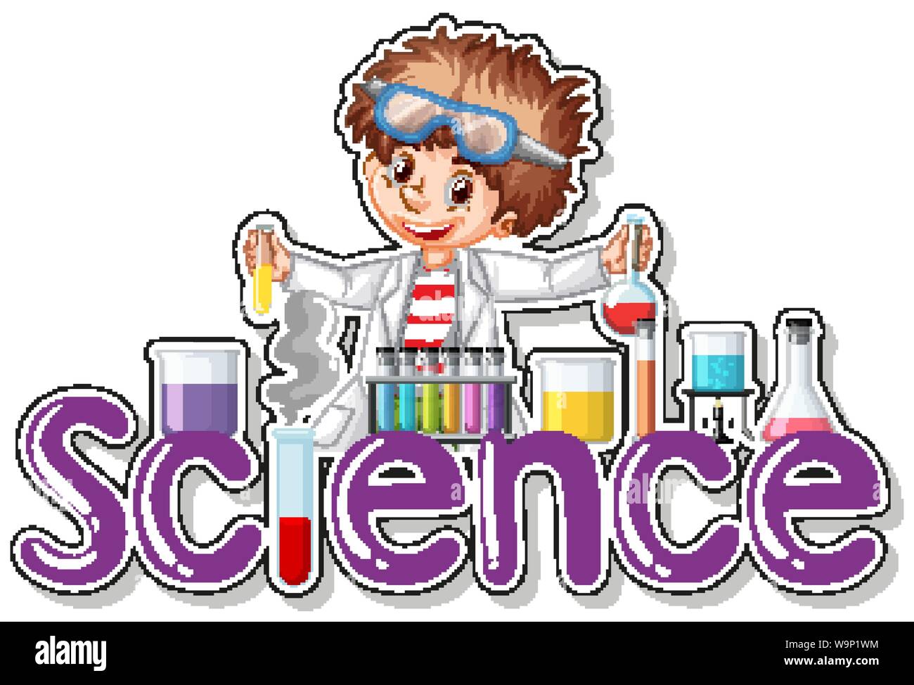 Sticker design with scientist doing experiment illustration Stock ...