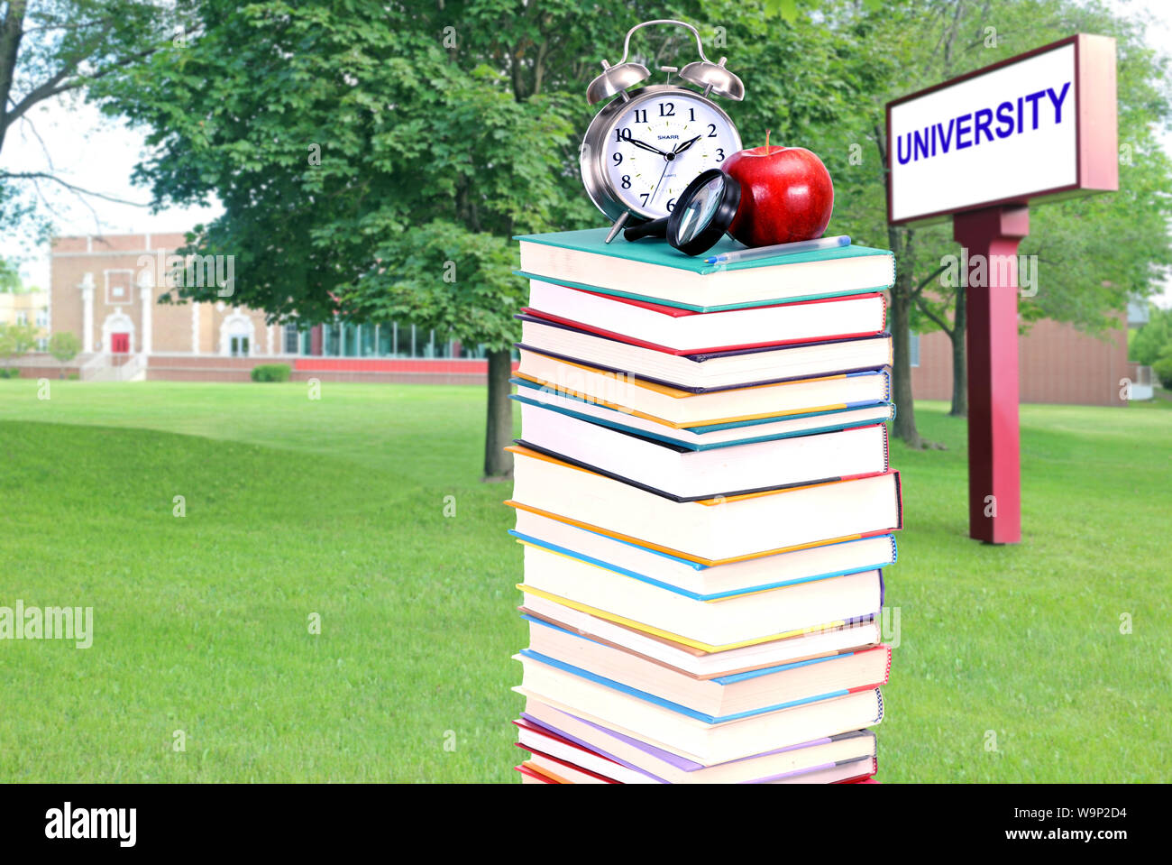 Book and campus of university for education concept Stock Photo - Alamy