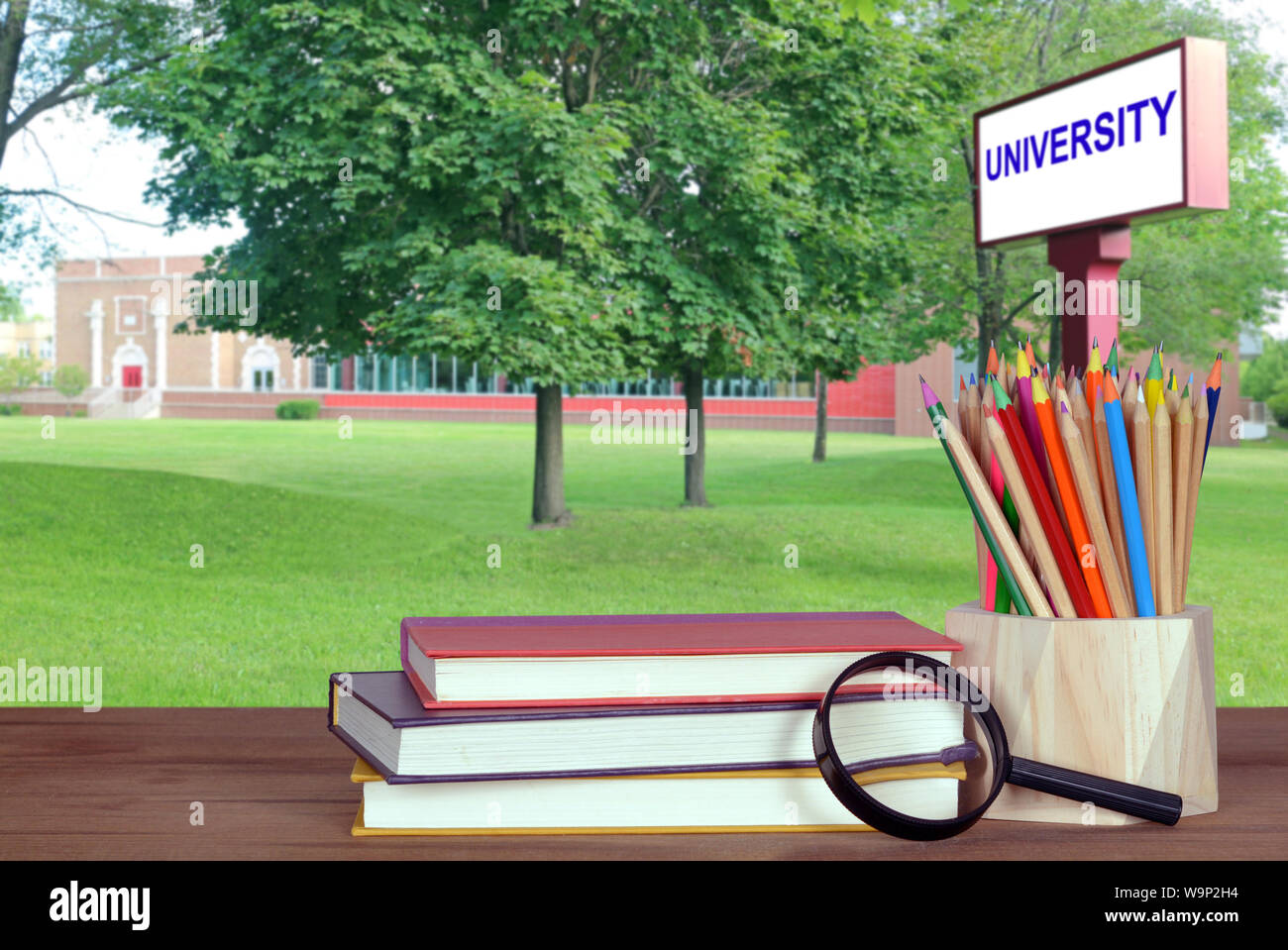 Book and campus of university for education concept Stock Photo - Alamy