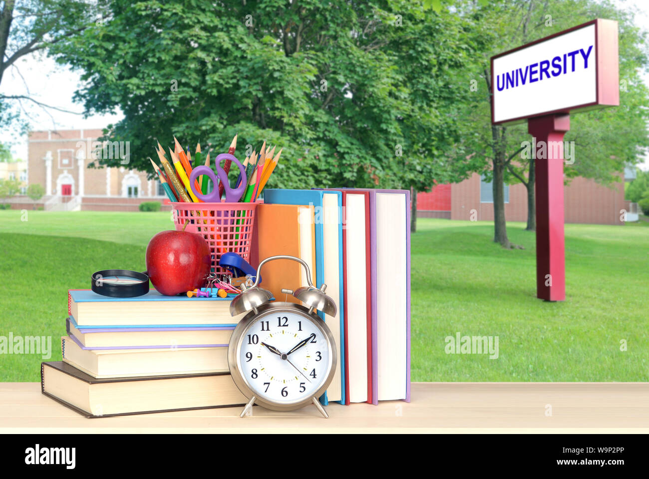 Book and campus of university for education concept Stock Photo - Alamy