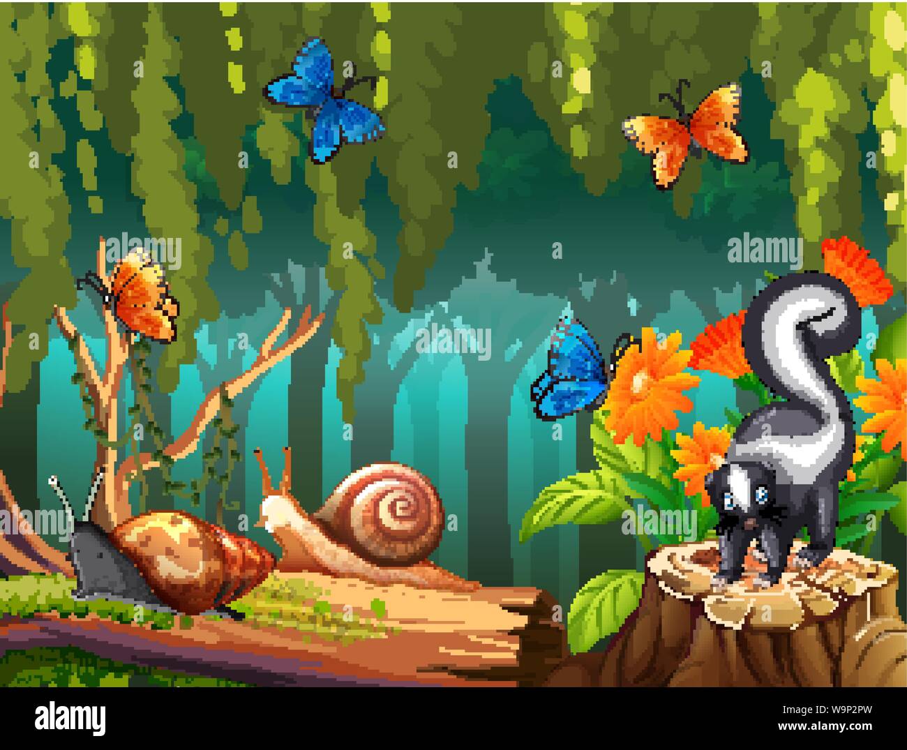 Nature scene with skunk and butterflies in forest illustration Stock ...