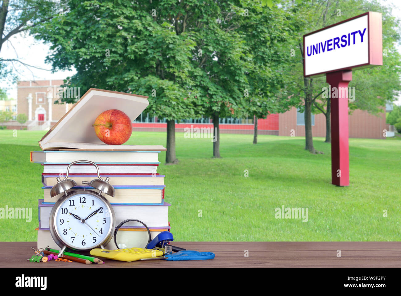 Book and campus of university for education concept Stock Photo - Alamy