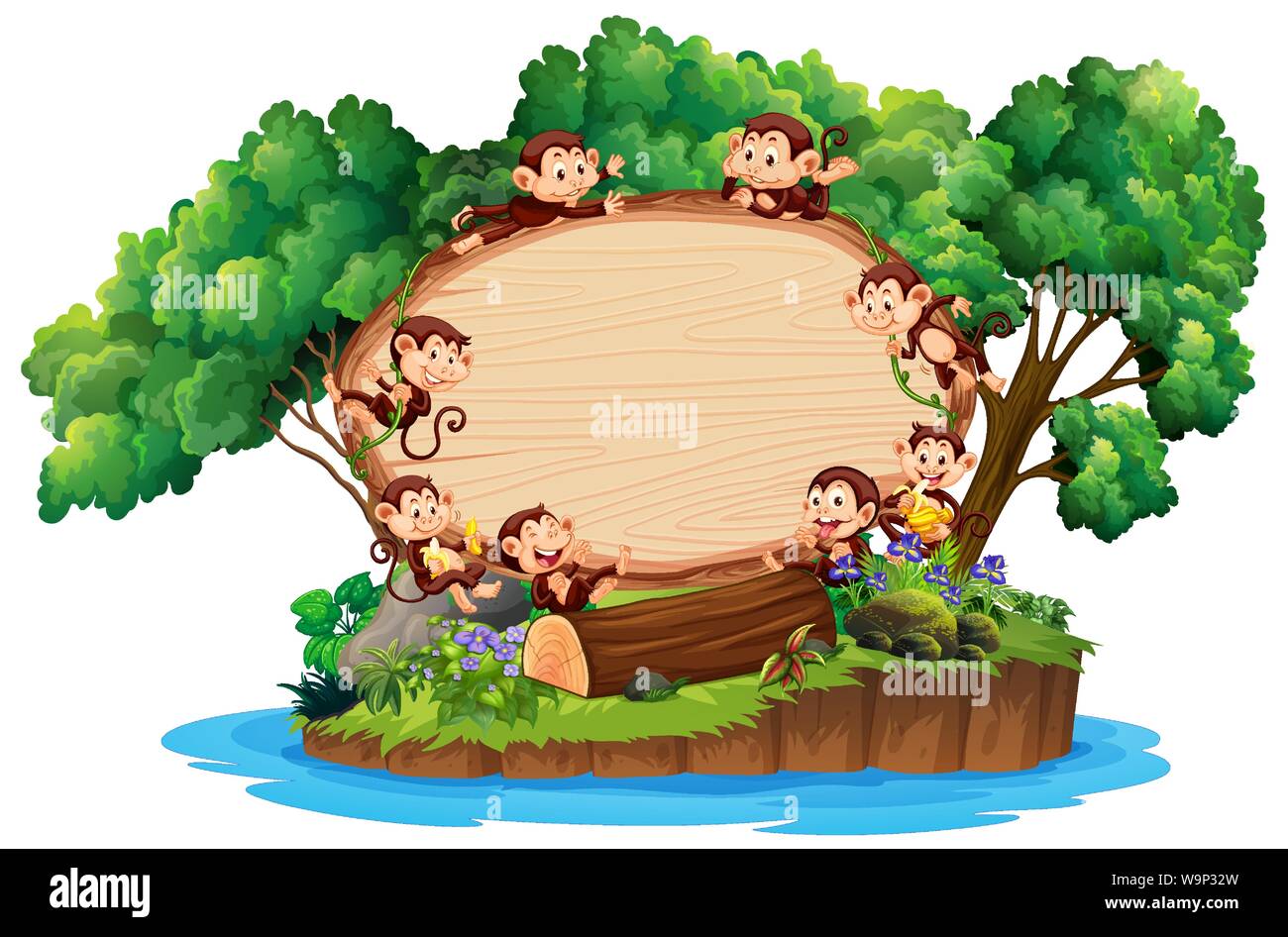 Border template with many monkeys on island illustration Stock Vector ...