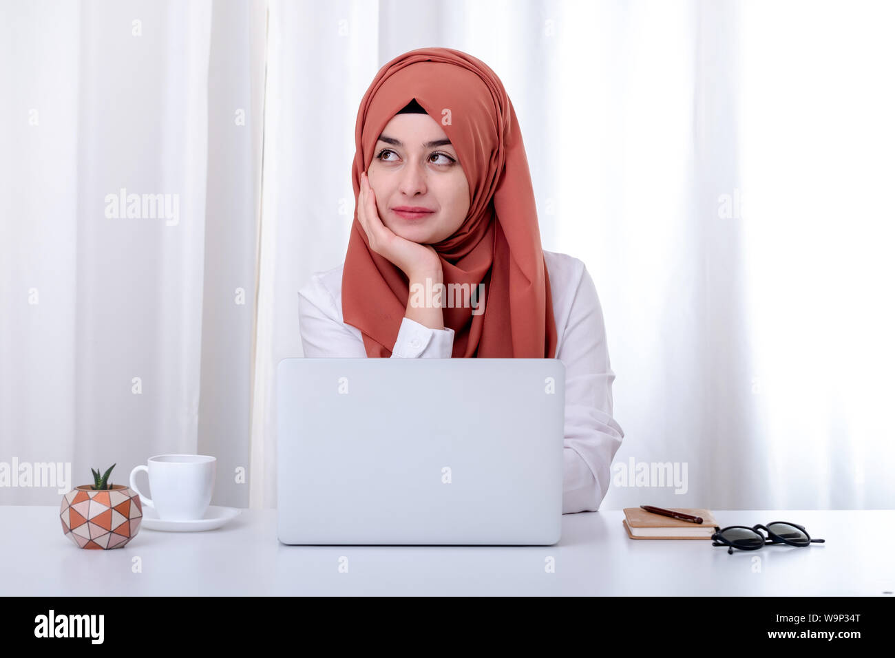 Hijab muslim woman work with computer, muslim girl sitting in office ...