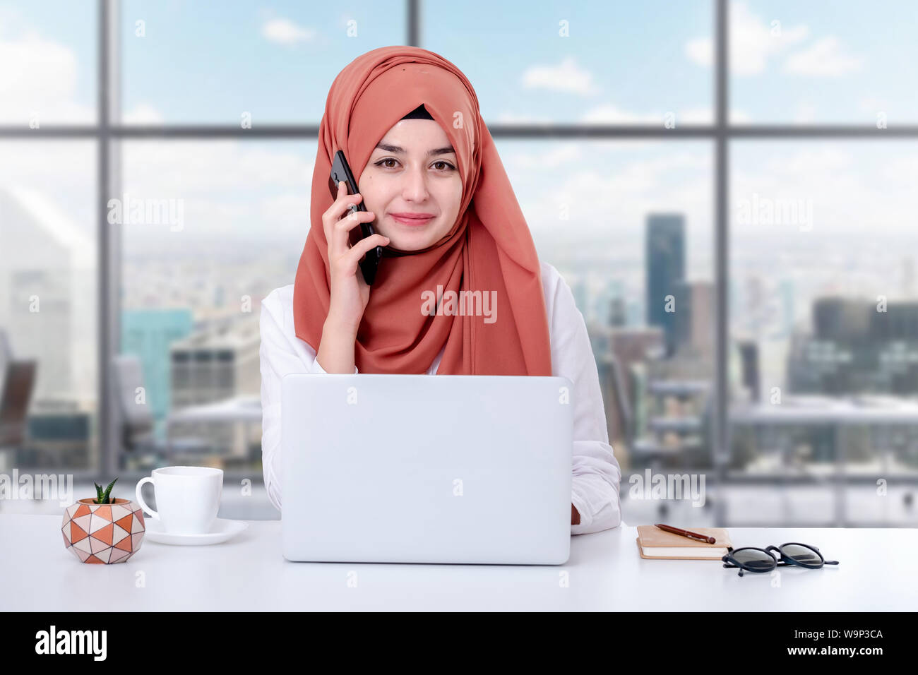 Hijab muslim woman work with computer, muslim girl sitting in office ...