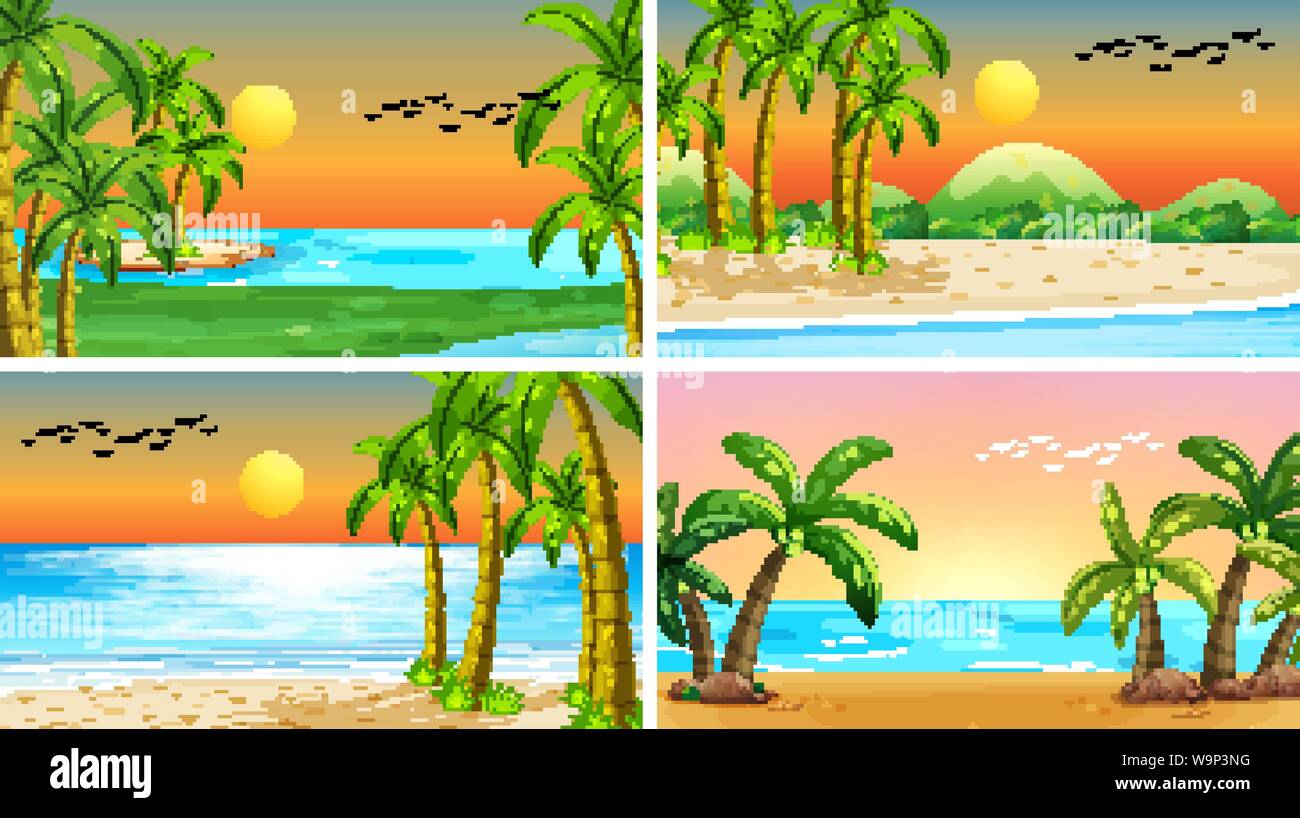 Set of tropical ocean nature scenes with beaches illustration Stock ...
